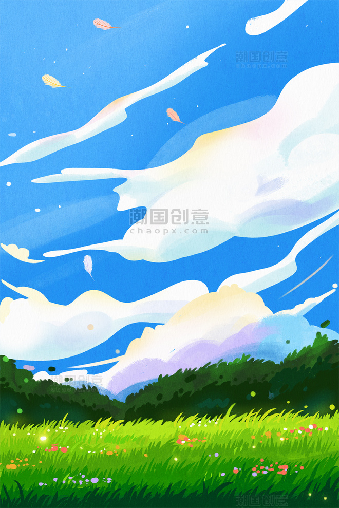 青青草地蓝天白云氛围感夏天草地白云温馨插画背景图片 潮国创意