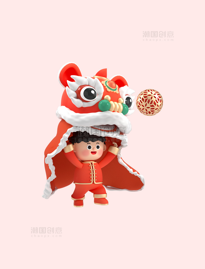 中国风国潮春节新年新春福娃舞狮3d元素图片 潮国创意