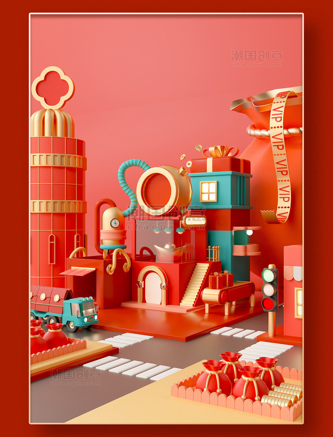 c4d立体3D电商新年春节年货节展台喜庆创意背景模型图片_潮国创意